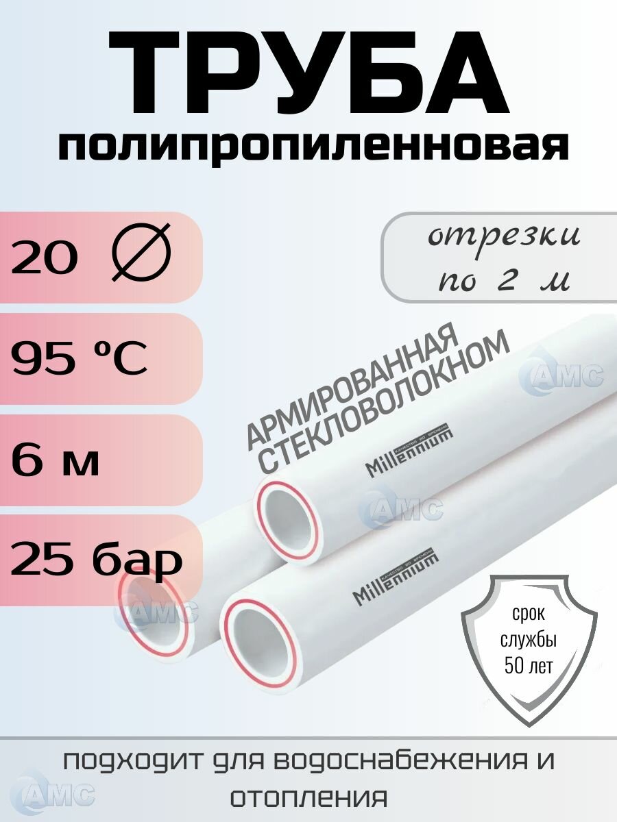Труба полипропиленовая армированная стекловолокном 20х3.4мм, 6м (отрезки по 2м) Millennium