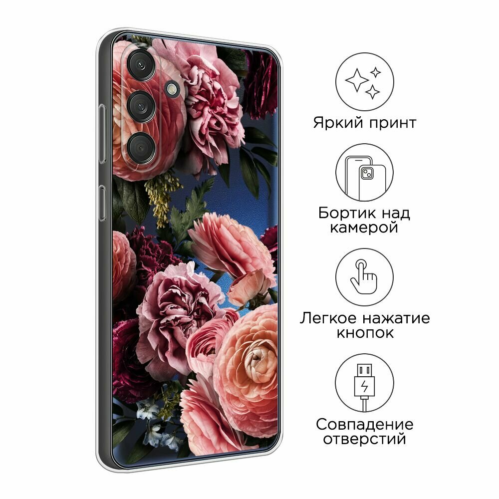 Чехол на Samsung Galaxy M55 / Самсунг M55 с принтом "Бордовые винтажные цветы", прозрачный — фото 1