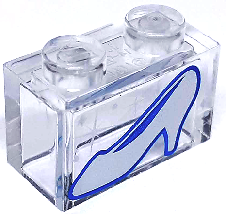 Brick 1 x 2 without Bottom Tube with Silver Shoe with Heel, Sparkles and Dots Pattern (Cinderella Glass Slipper), 3065pb04 Trans-clear U