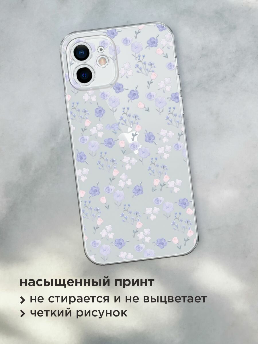 Чехол на Apple iPhone 12 mini / Айфон 12 Мини с принтом "Сиреневые розы паттерн", прозрачный — фото 1