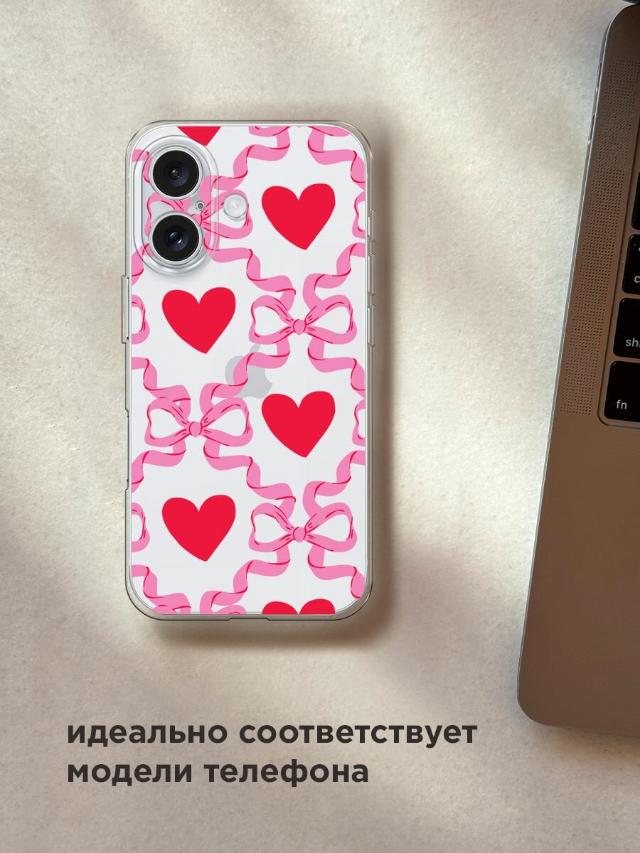 Чехол на Apple iPhone 16 / Айфон 16 с принтом "Hearts and ribbons 2 - 14 февраля", прозрачный — фото 1