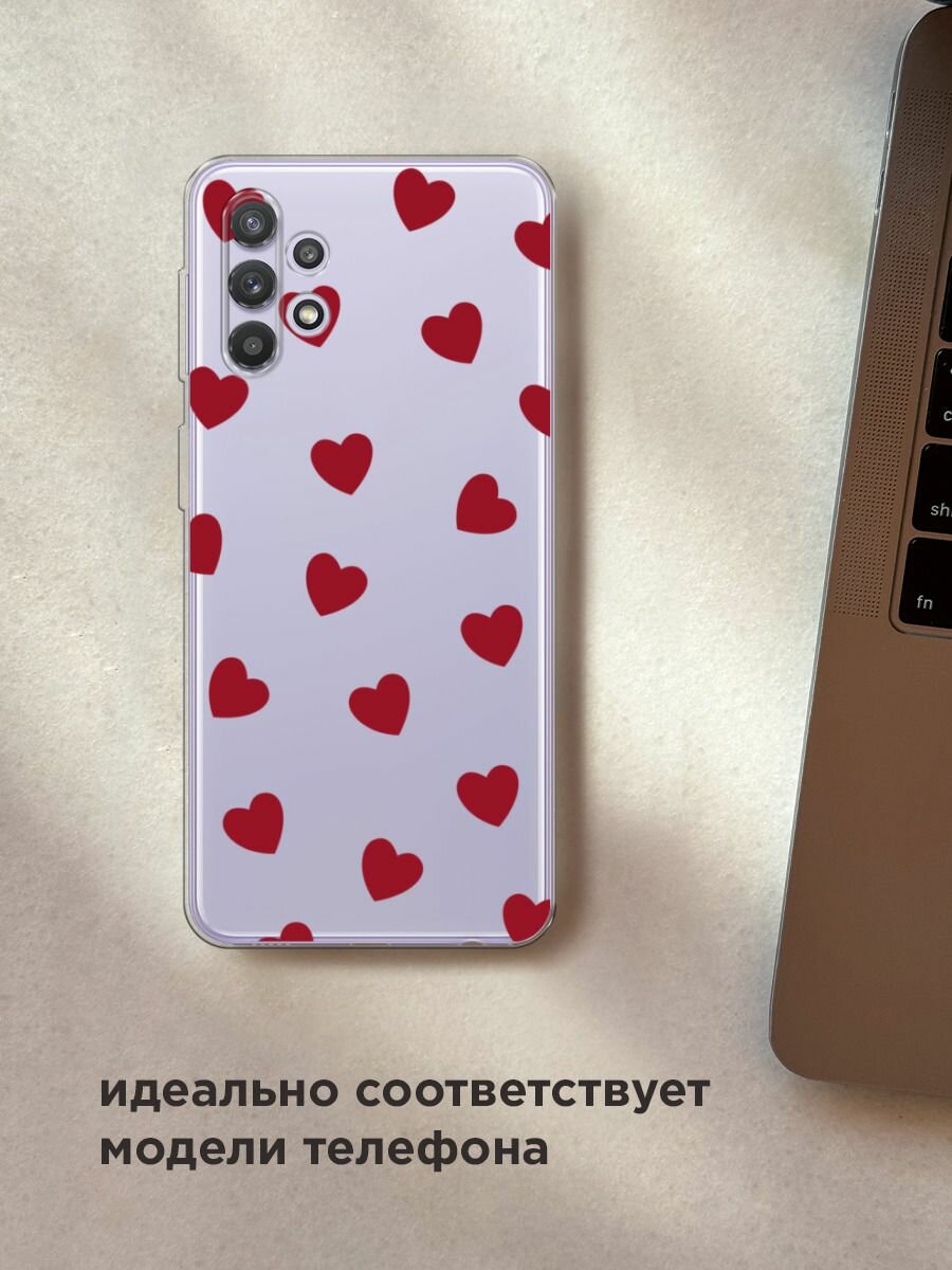 Чехол на Samsung Galaxy A32 / Самсунг Галакси А32 с принтом "Бордовые сердечки паттерн - 14 февраля", прозрачный — фото 1