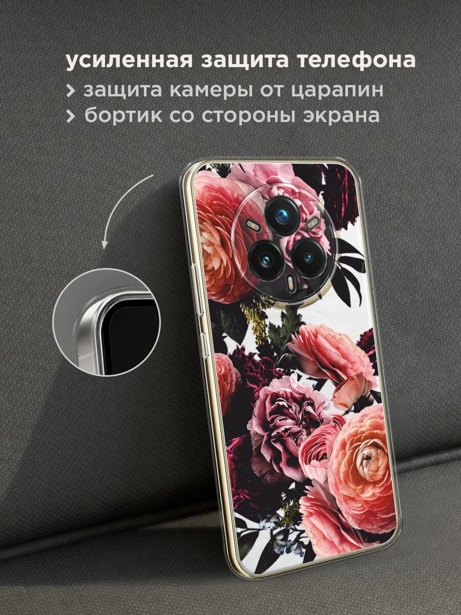 Чехол на Realme 14 Pro+ / Реалми 14 Про+ с принтом "Бордовые винтажные цветы", прозрачный — фото 1