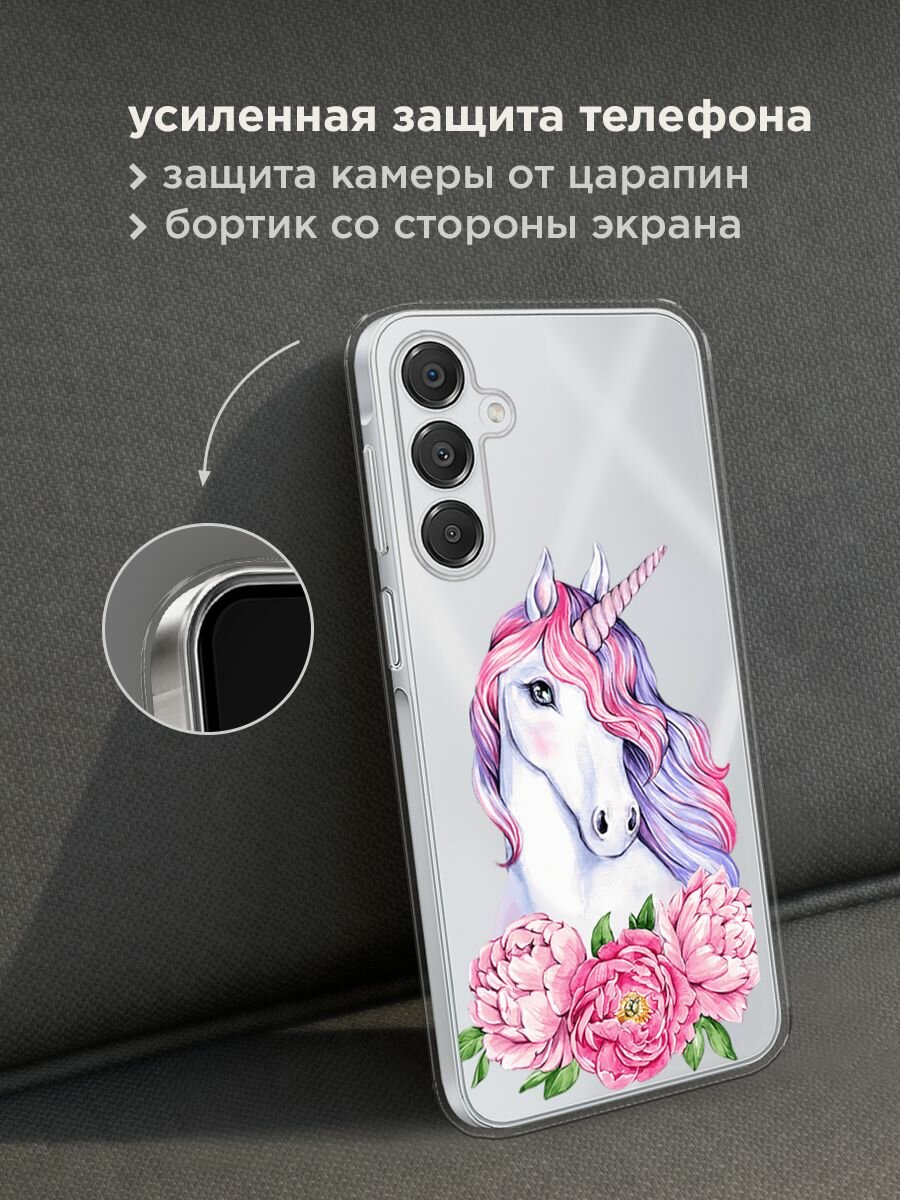 Чехол на Samsung Galaxy A16 / Самсунг А16 с принтом "Единорог с пионами", прозрачный — фото 1