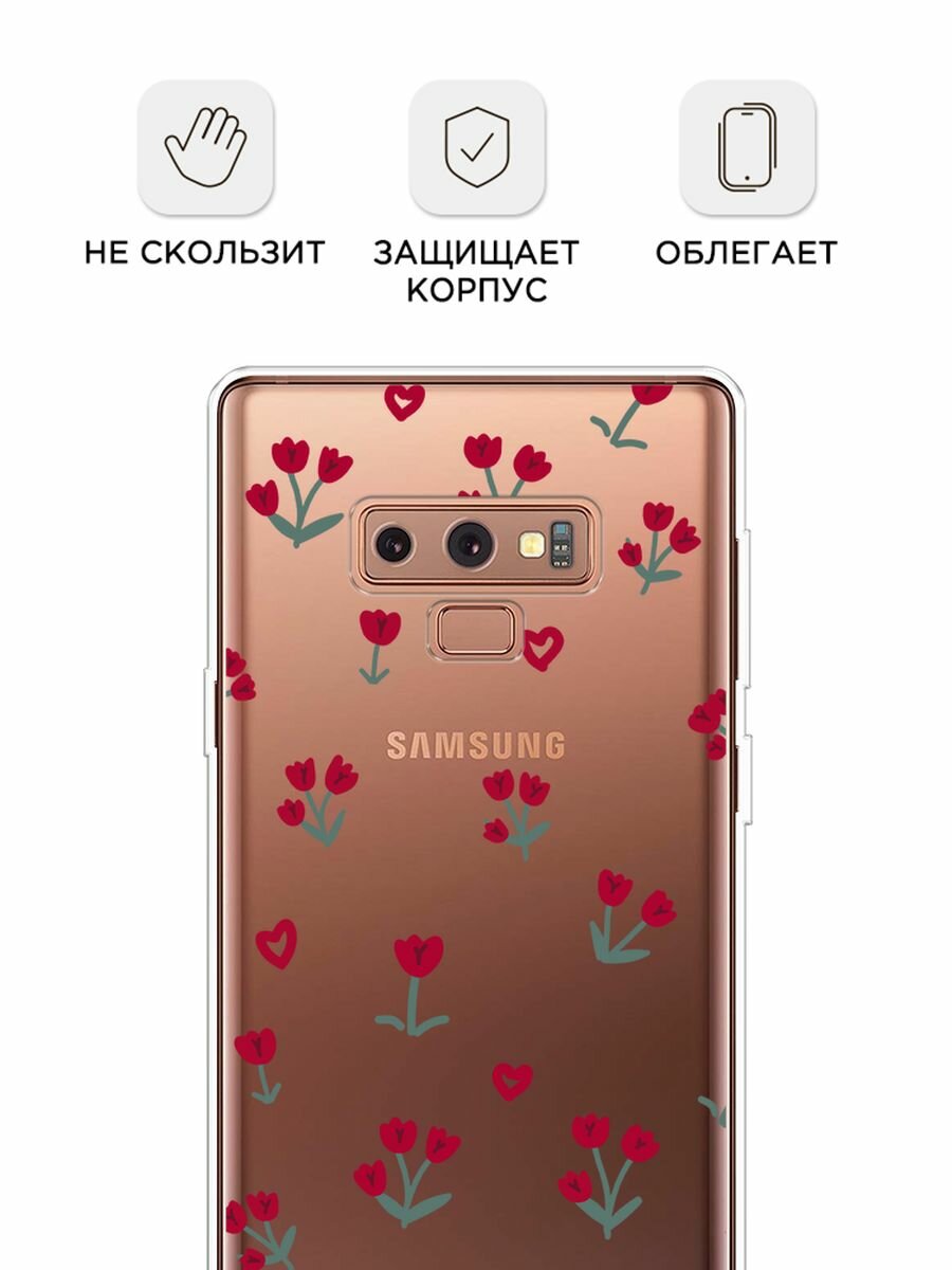 Чехол на Samsung Galaxy Note 9 / Самсунг Галакси Нот 9 с принтом "Красные тюльпанчики", прозрачный — фото 1