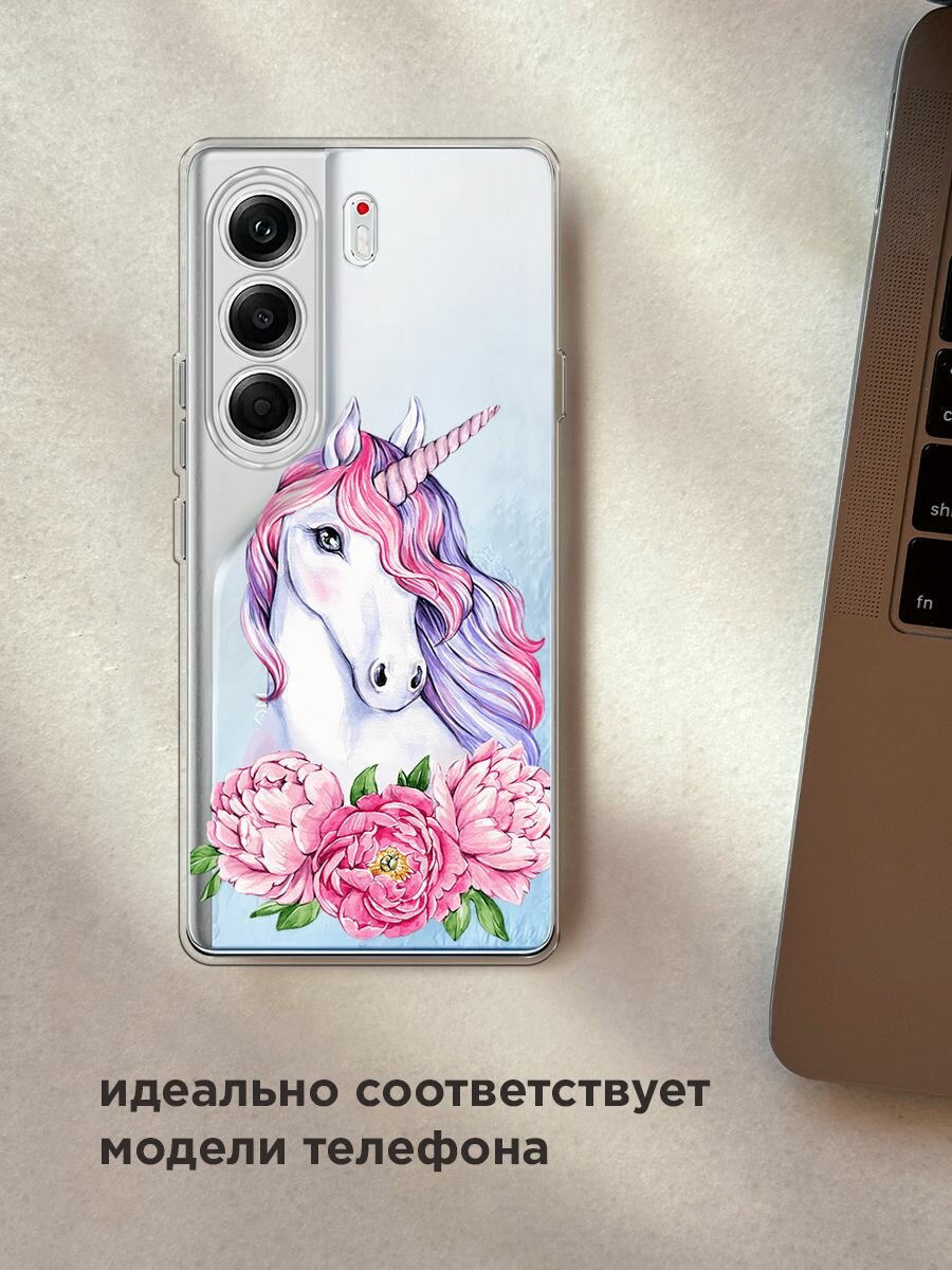 Чехол на Tecno Camon 40 Pro 5G / Текно Камон 40 Про 5G с принтом "Единорог с пионами", прозрачный — фото 1