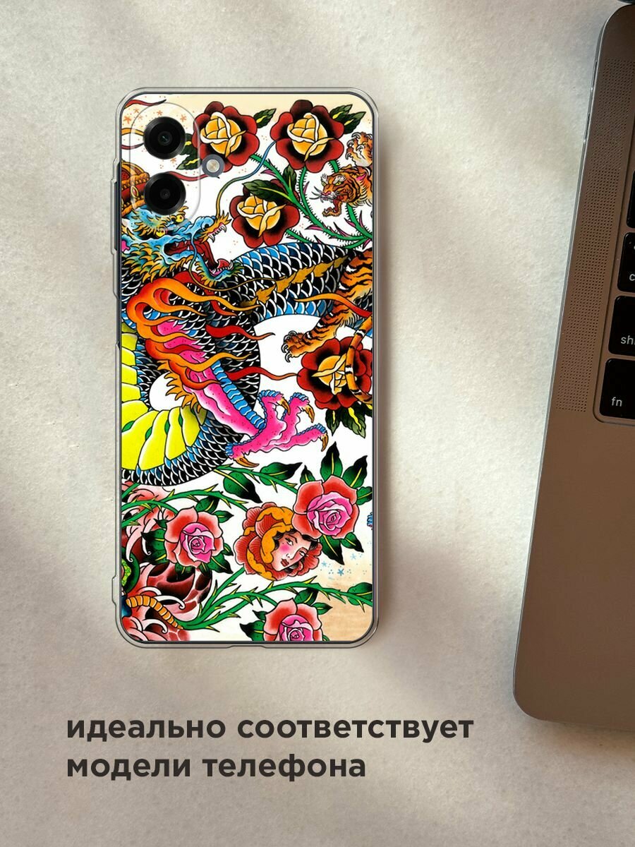 Чехол на Samsung Galaxy A07 / Самсунг А07 с принтом "Дракон в цветах" — фото 1