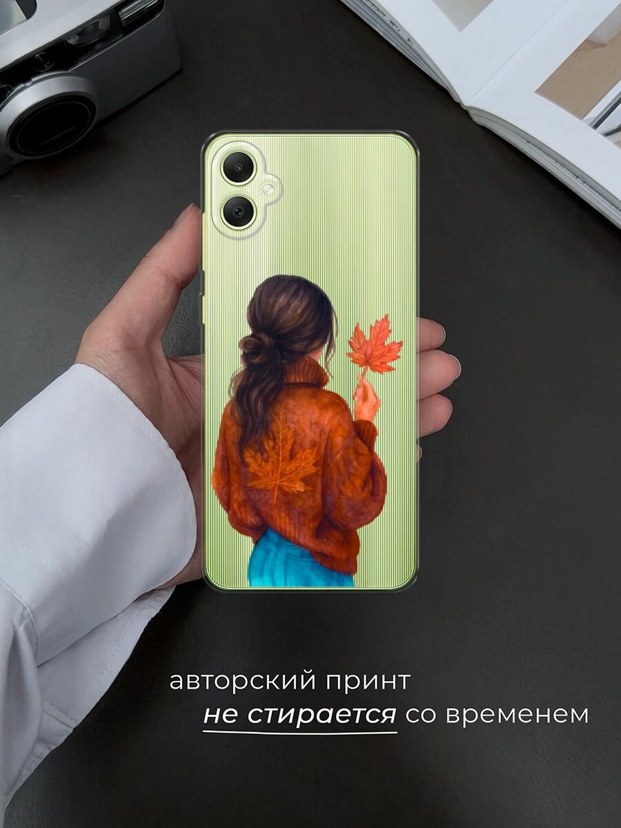 Чехол на Samsung Galaxy A05 / Самсунг Галакси A05 с принтом "Девушка с опавшим листом", прозрачный — фото 1