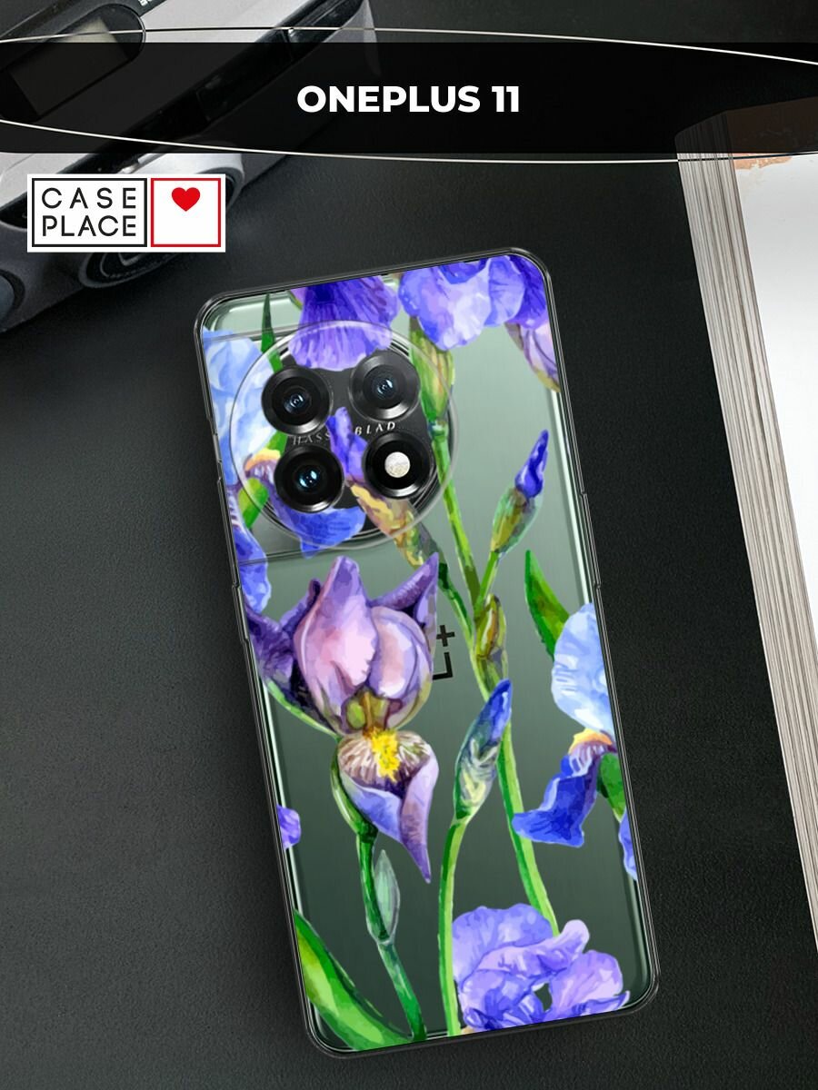Чехол на OnePlus 11 / Ван Плас 11 с принтом "Синие ирисы", прозрачный