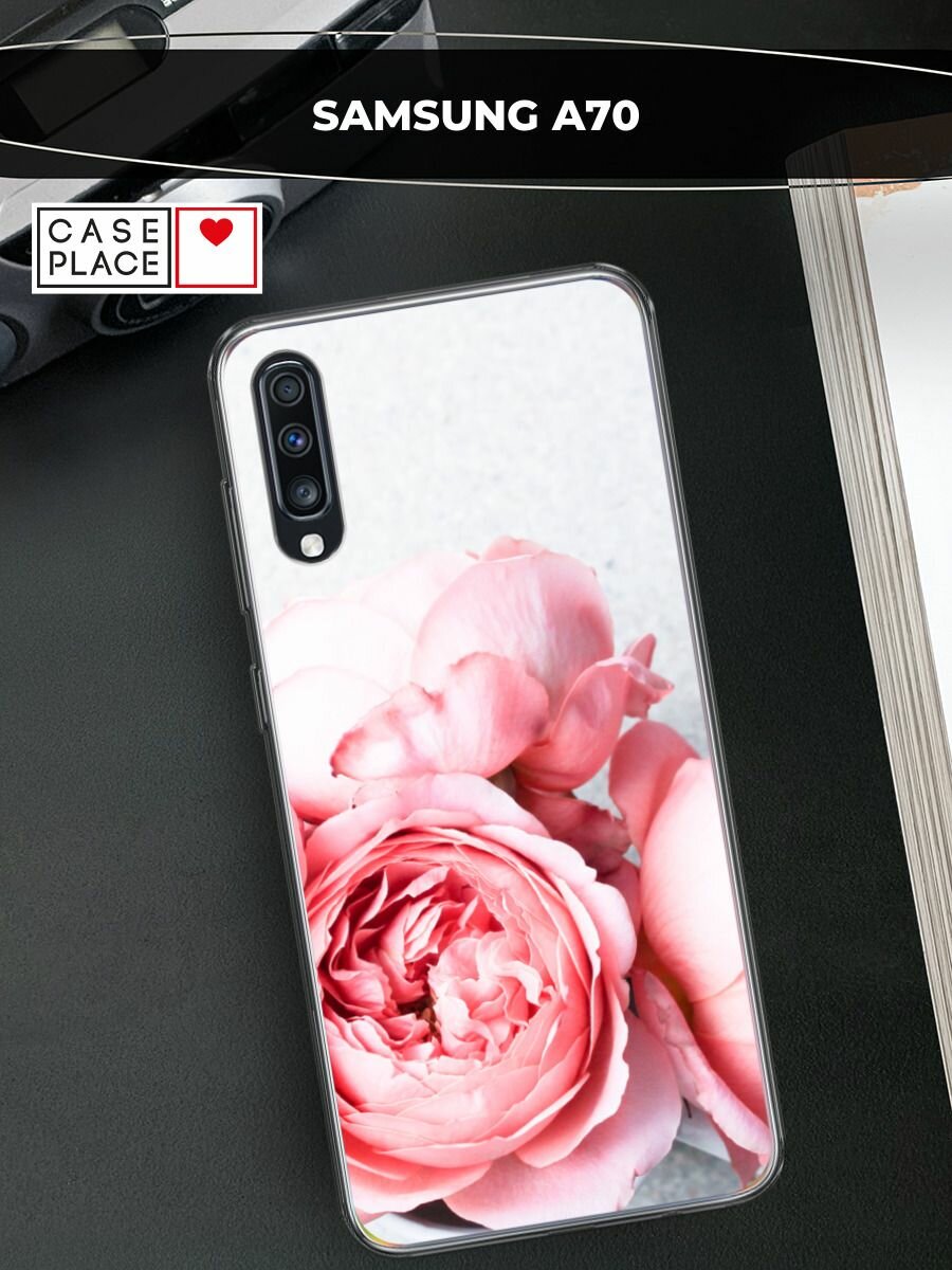 Чехол на Samsung Galaxy A70 / Самсунг Галакси А70 с принтом "Пионы на белом"