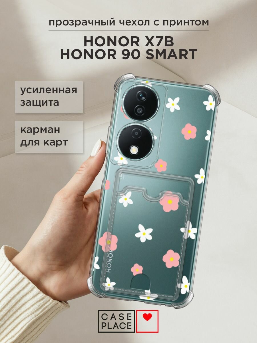 Чехол на Honor X7B/90 Smart (Хонор X7B/90 Смарт) с картой и принтом "Розовые и белые цветы"