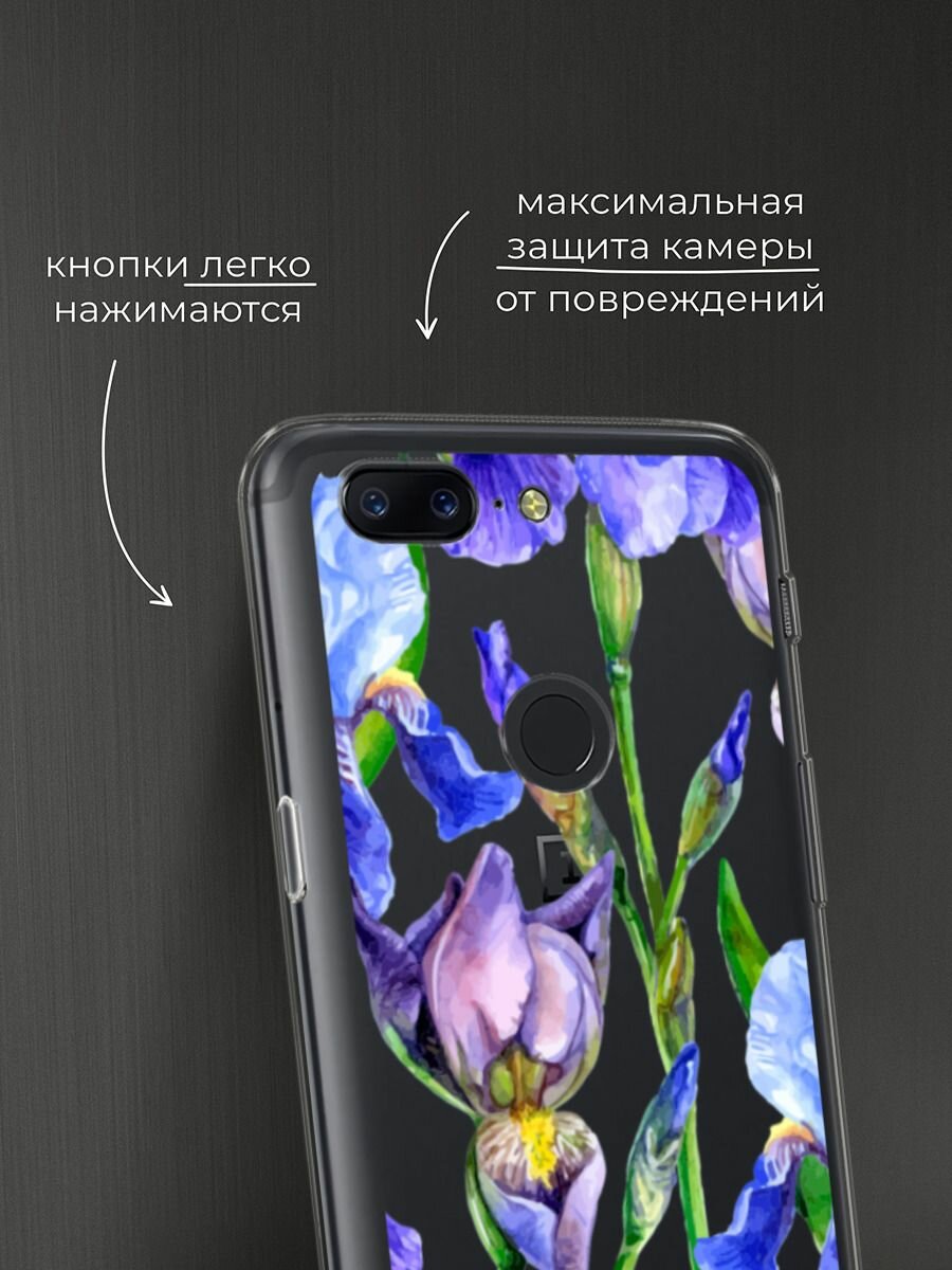 Чехол на OnePlus 5T / ВанПлюс 5Т с принтом "Синие ирисы", прозрачный — фото 1