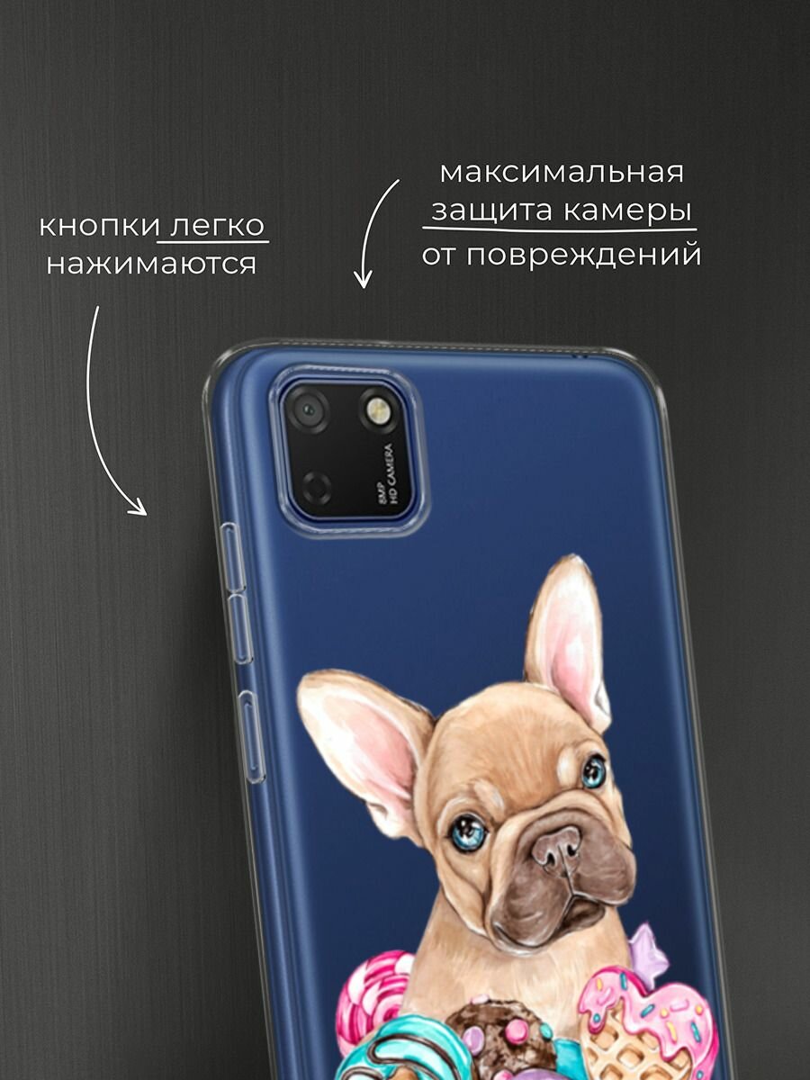 Чехол на Honor 9S/Huawei Y5p / Хонор 9S/Хуавей Y5p с принтом "Бульдог и сладости", прозрачный — фото 1