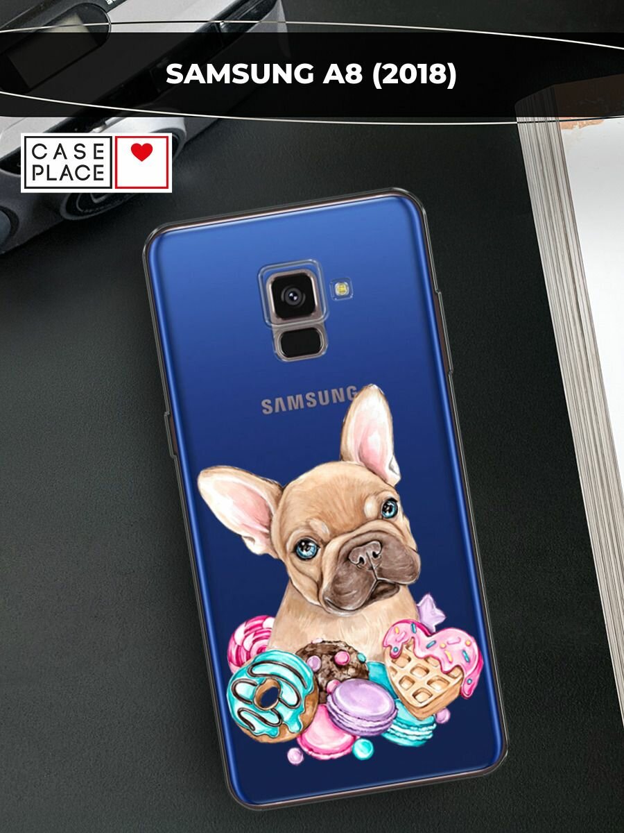 Чехол на Samsung Galaxy A8 2018 / Самсунг Галакси А8 2018 с принтом "Бульдог и сладости", прозрачный