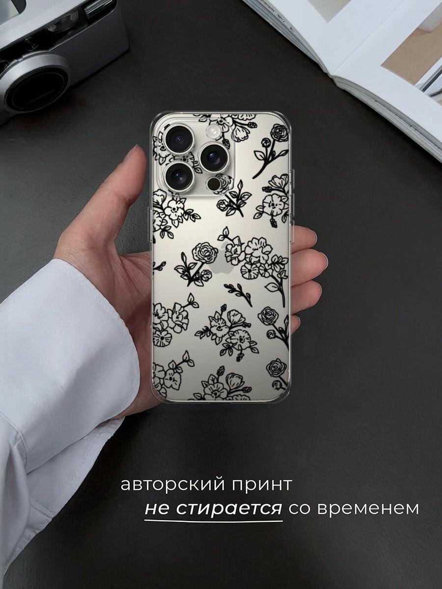 Чехол на Apple iPhone 16 Pro / Айфон 16 Про с принтом "Черные розы паттерн", прозрачный — фото 1