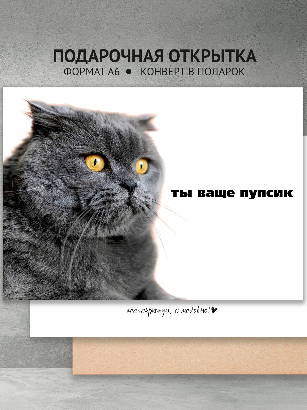 Подарочная открытка с уникальной иллюстрацией котик "Ты ваще пупсик" с днем рождения, с юбилеем, без повода