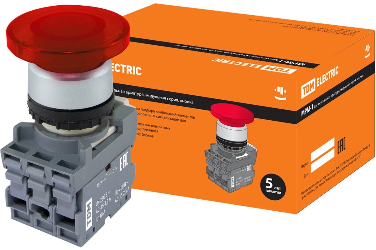 TDM ELECTRIC МРМ1-11R(LED) грибовидная кнопка в сборе, диаметр 40 мм, 24В, 1з+1р, красная