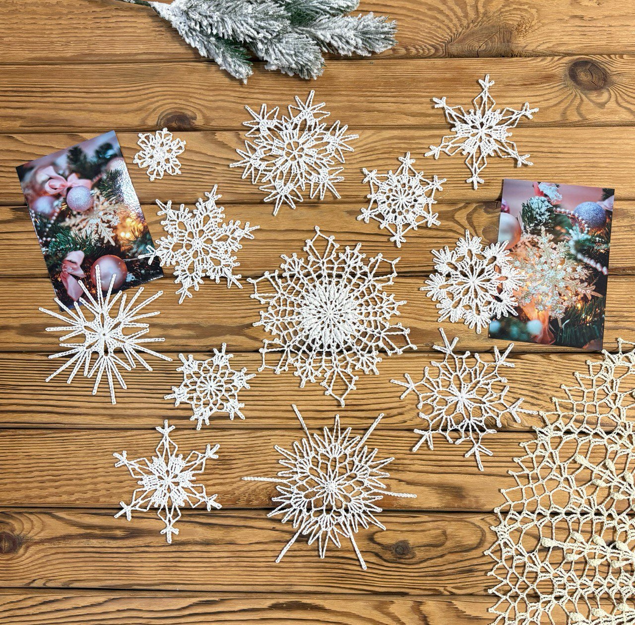 Набор вязаных снежинок, 12 штук, 6-17 см, белый