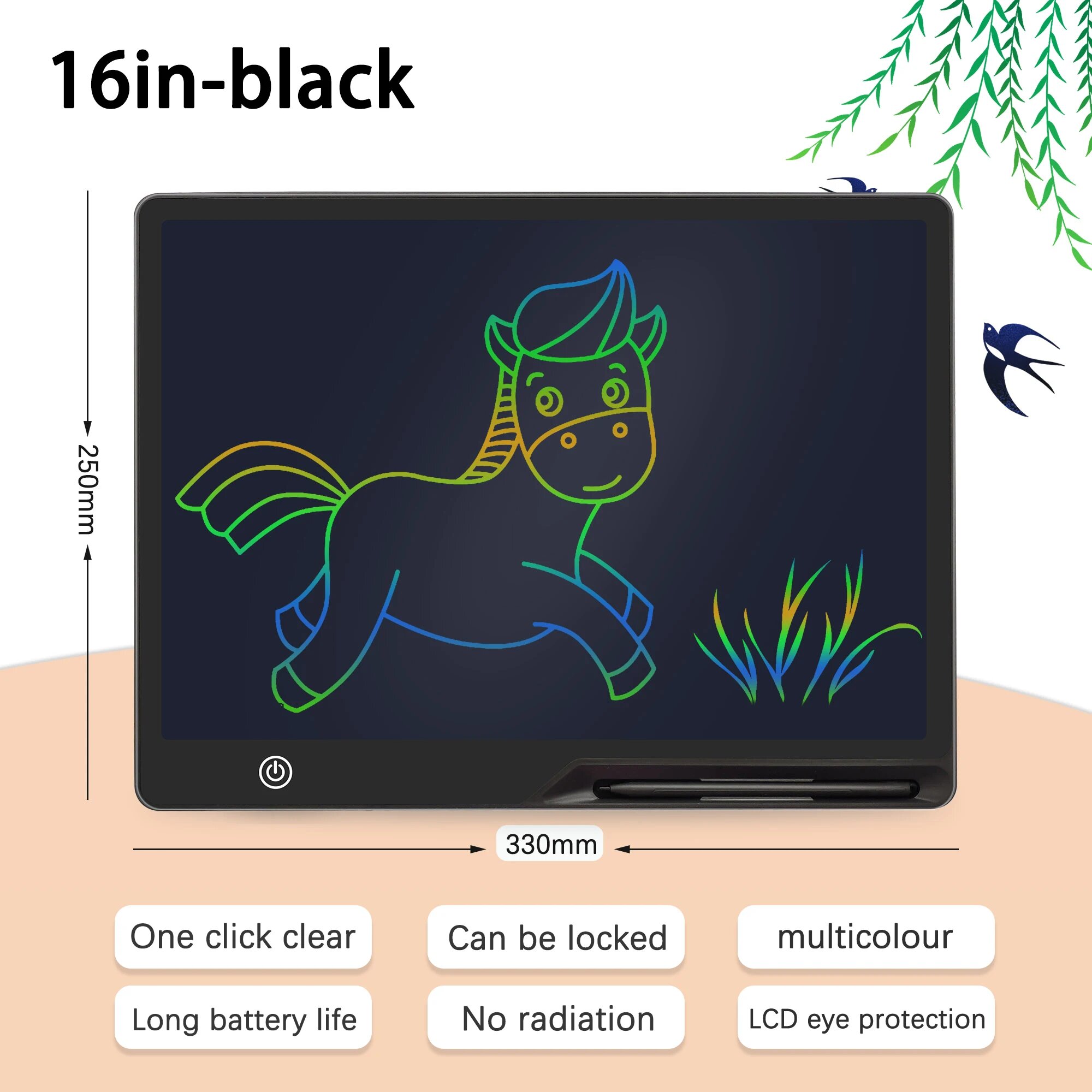Детский планшет для рисования LCD 16 дюймов, черный