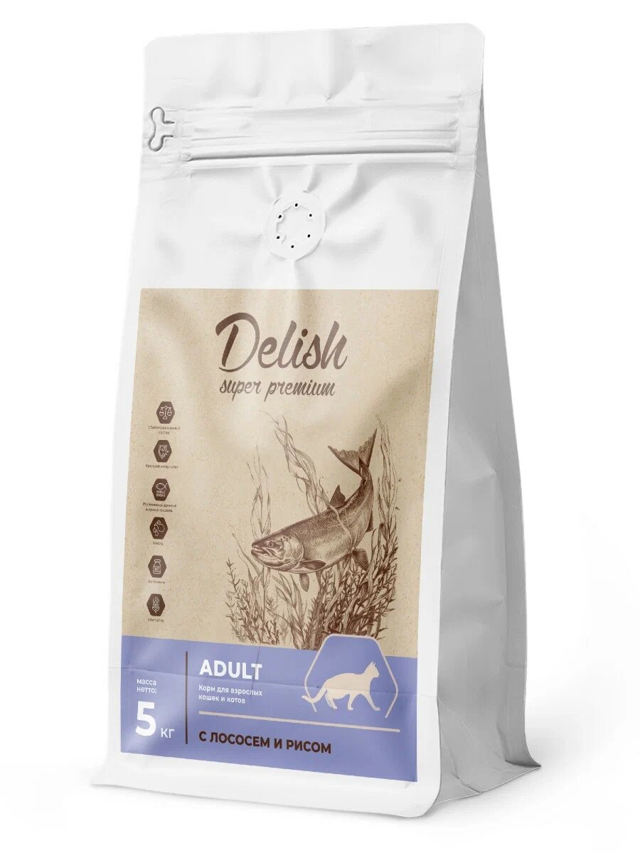 Сухой корм Delish super premium (Делиш) для взрослых кошек, лосось с рисом, 5 кг