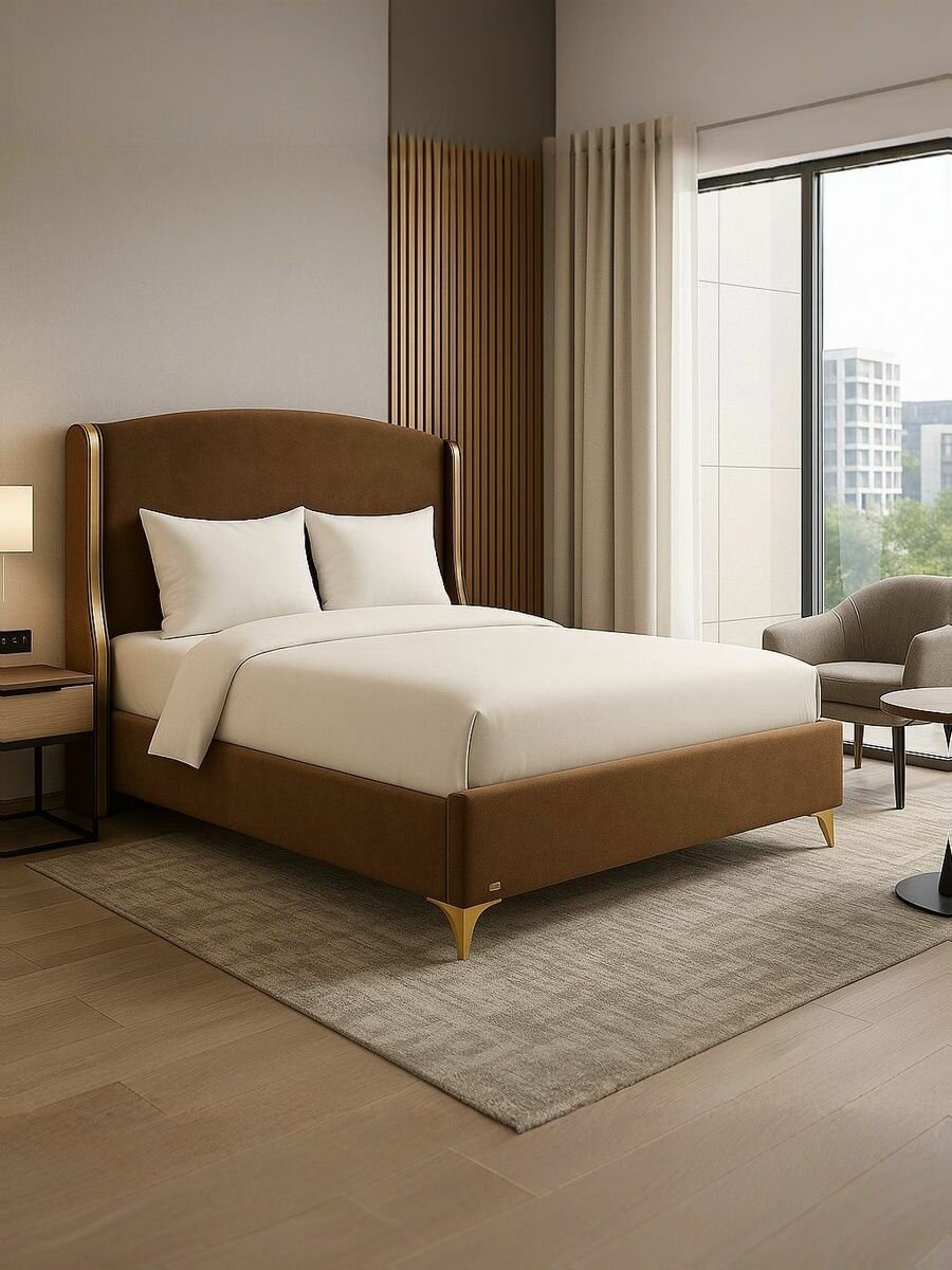 Двуспальная кровать NOTTE Joyce с мягким изголовьем, 140х200 см, неоклассика, натуральный велюр, светло-коричневый, молдинг золото глянец