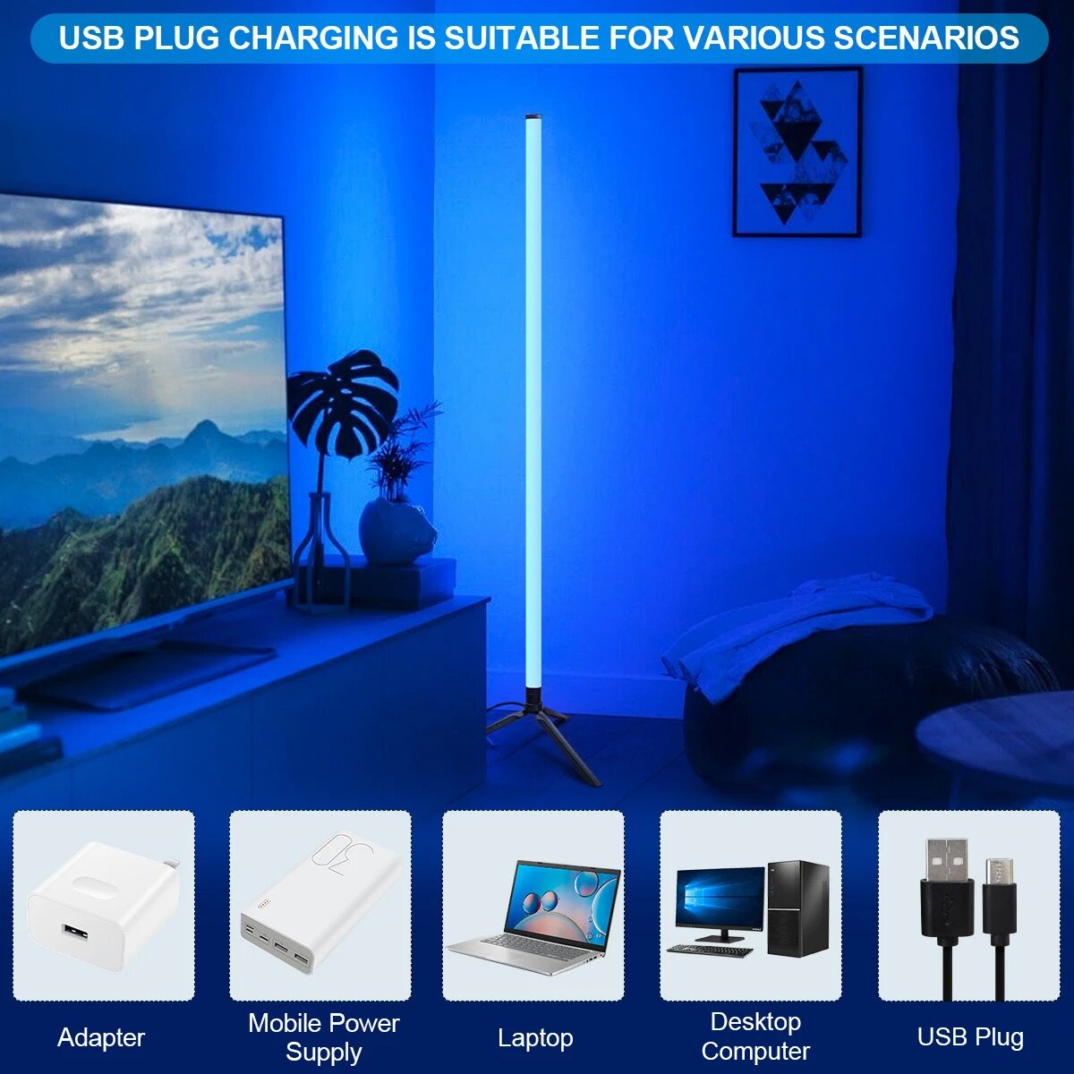 Торшер Пластиковый 105 см RGB светильники для комнаты Светодиодный торшер Спальня 5 Вт/36 В Умные лампы Декор для гостиной Домашний скандинавский минималистичный светильник, With Remote, Синий