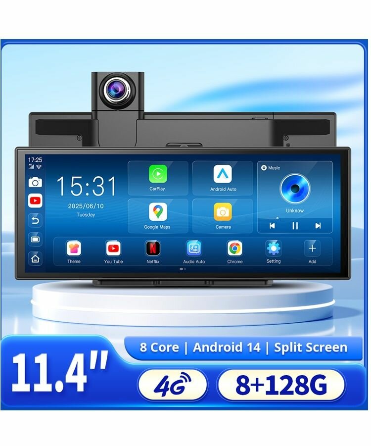 11,4 " 4G Android 14, 8 + 128G видеорегистратор, 8-ядерный беспроводной CarPlay и Android Auto с разделенным экраном для дистанционного мониторинга видеорегистраторов для автомобилей