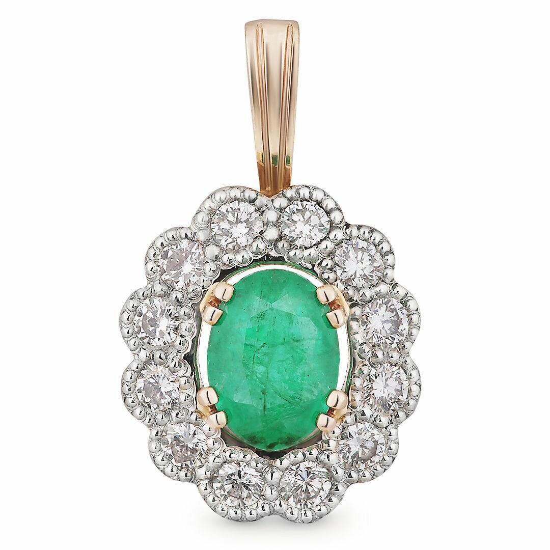 Подвеска, красное золото, 585 проба, бриллиант, изумруд