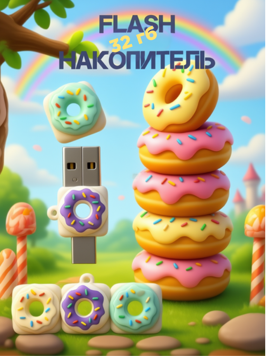 Флешка "Пончики",64Гб, USB Type-A/C, брелок, ударопрочная, водонепроницаемая