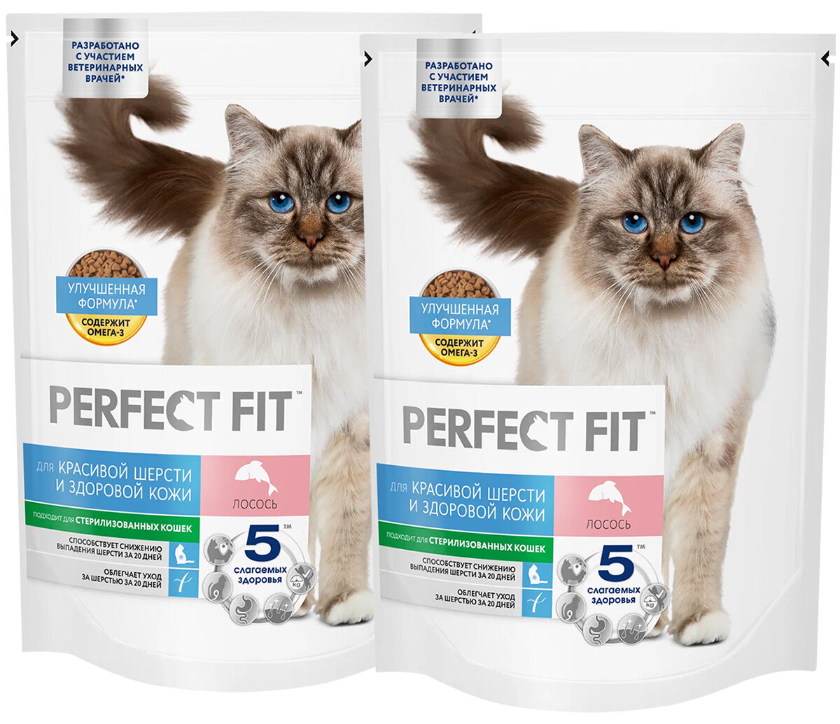 Корм сухой Perfect Fit Hair & Skin для взрослых кошек с чувствительной кожей и шерстью с лососем, 0,65 кг 2 шт