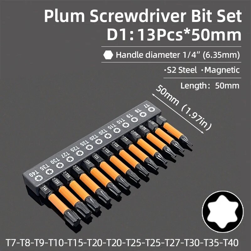 Шестигранный ключ, набор отверток, магнитный крестообразный Torx, сливовые сверла с D1 13Pcs-50mm