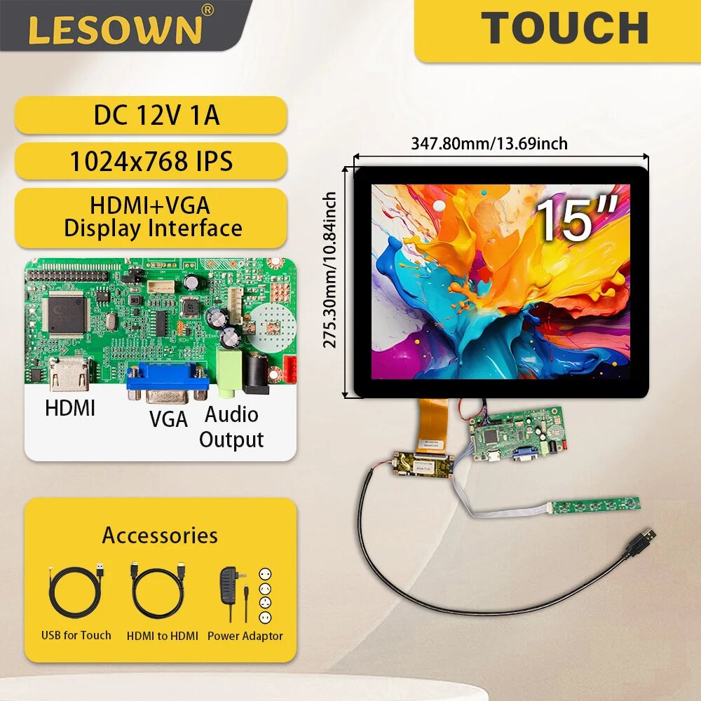 LESOWN HD 1024x768 IPS широкий экран 15 дюймов 1500:1 полный просмотр HMDI VGA ЖК-модуль сенсорного дисплея для интеллектуального центрального управления