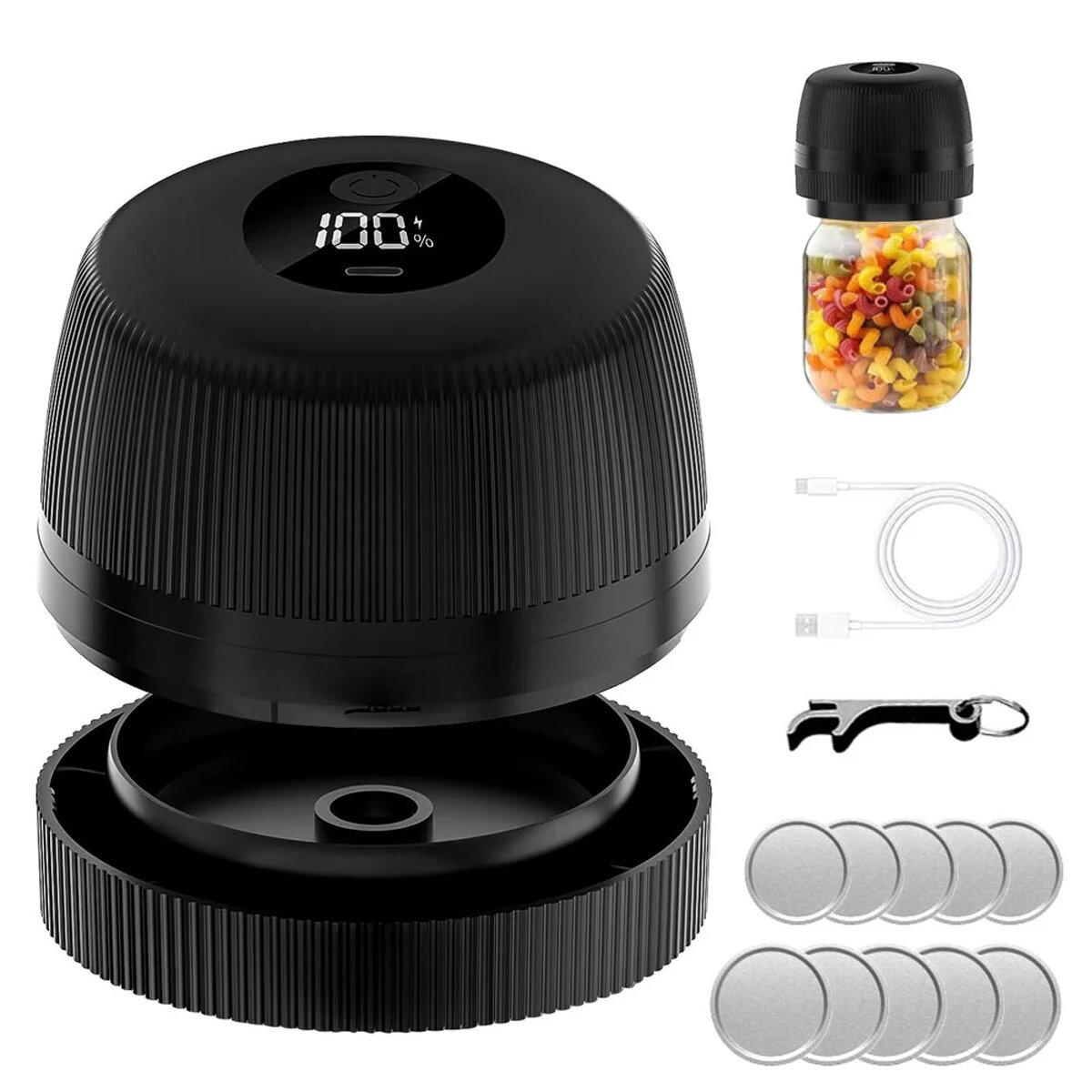 Электрический вакуумный упаковщик для банок Mason, кухонный уплотнитель для хранения продуктов питания, кухонный вакуумный упаковщик для банок Mason, ферментация с широким горлышком, black
