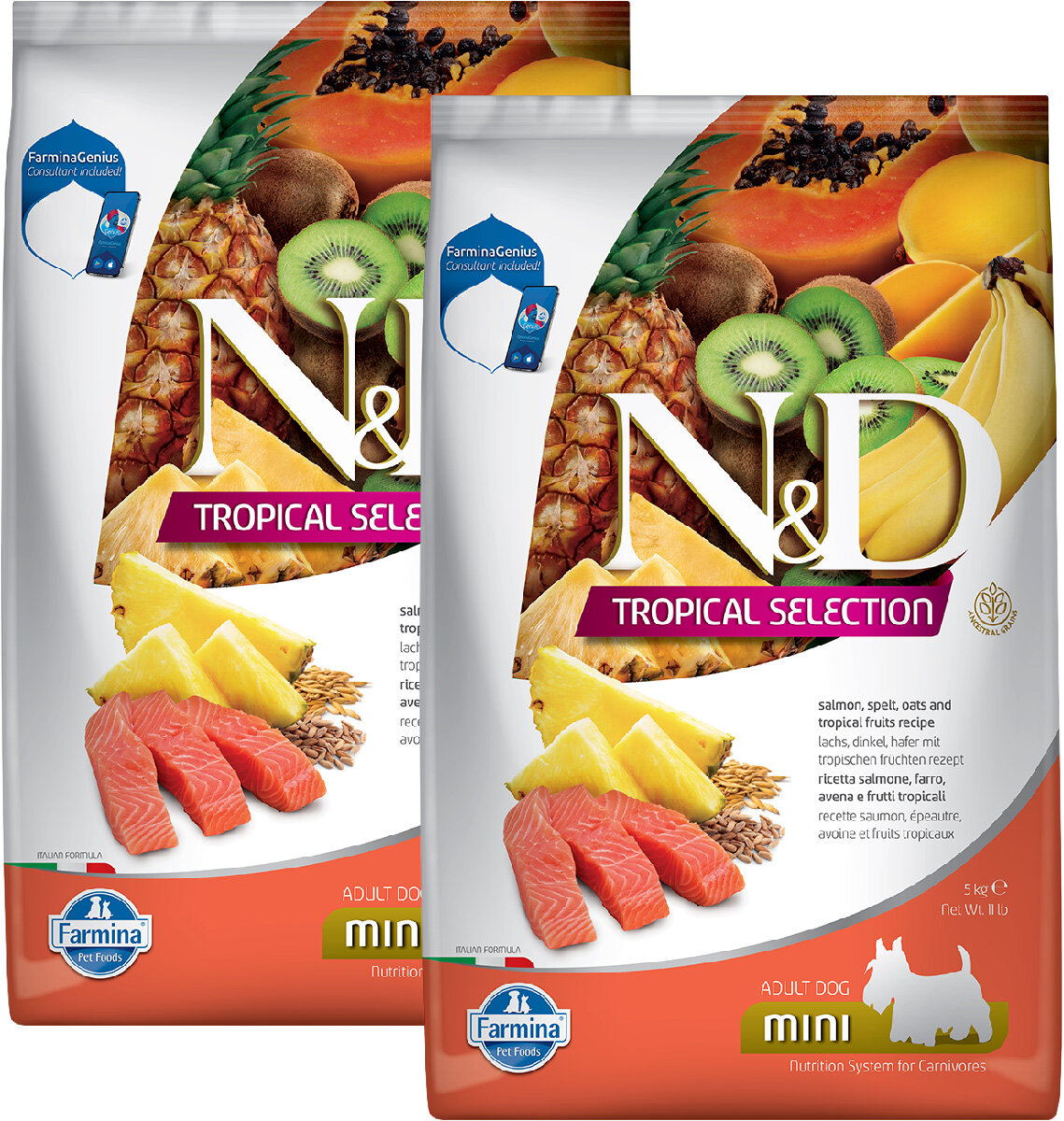 Корм сухой Farmina Dog N&D Tropical Selection Adult Mini Salmon низкозерновой для взрослых собак маленьких пород, лосось, спельта, овес и тропические фрукты, 5 + 5 кг