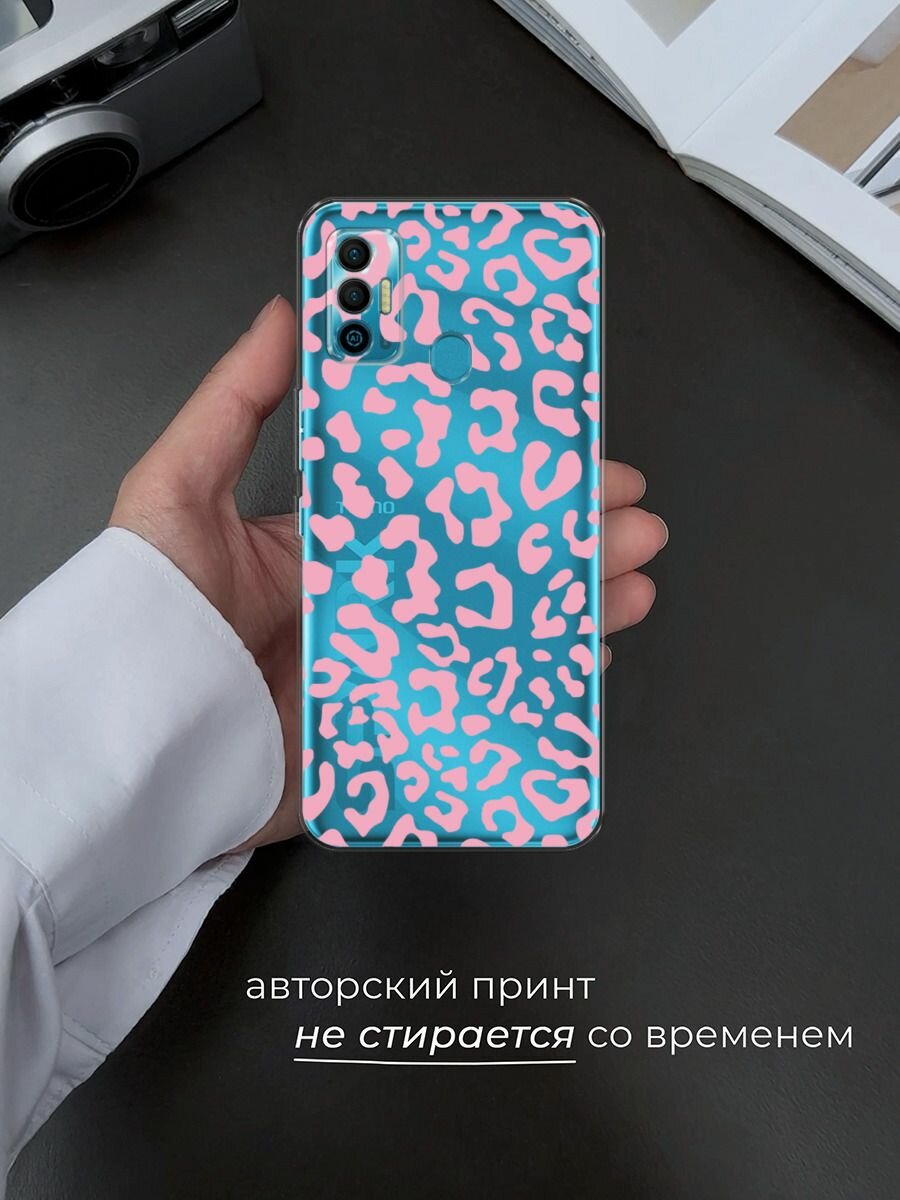 Чехол на Tecno Spark 7 / Техно Спарк 7 с принтом Паттерн розовый леопард, прозрачный — фото 1