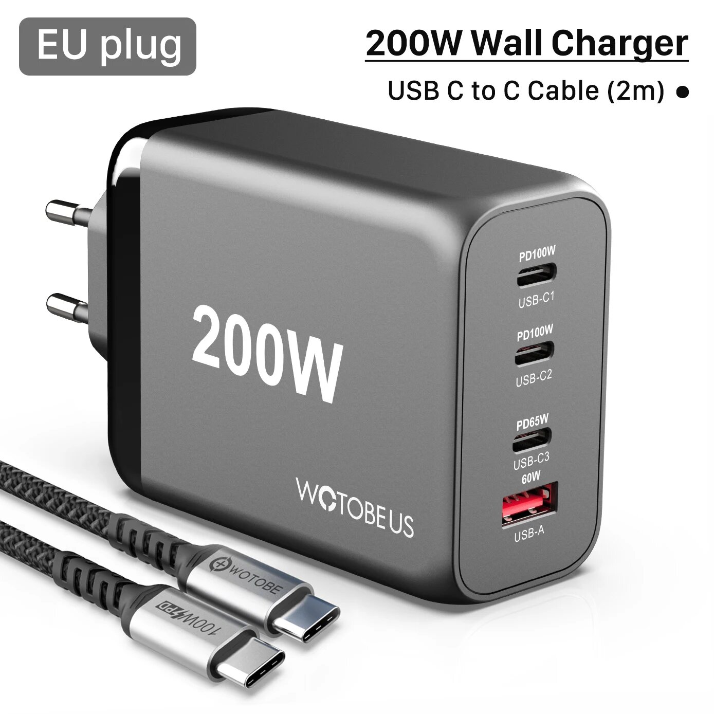 Сетевое зарядное устройство WOTOBE 200 Вт, PD Тип C, USB, быстрая зарядка PD100W PPS 65 Вт 45 Вт QC5 для iPhone 13 Por MacBook Samsung 200W EU Cable