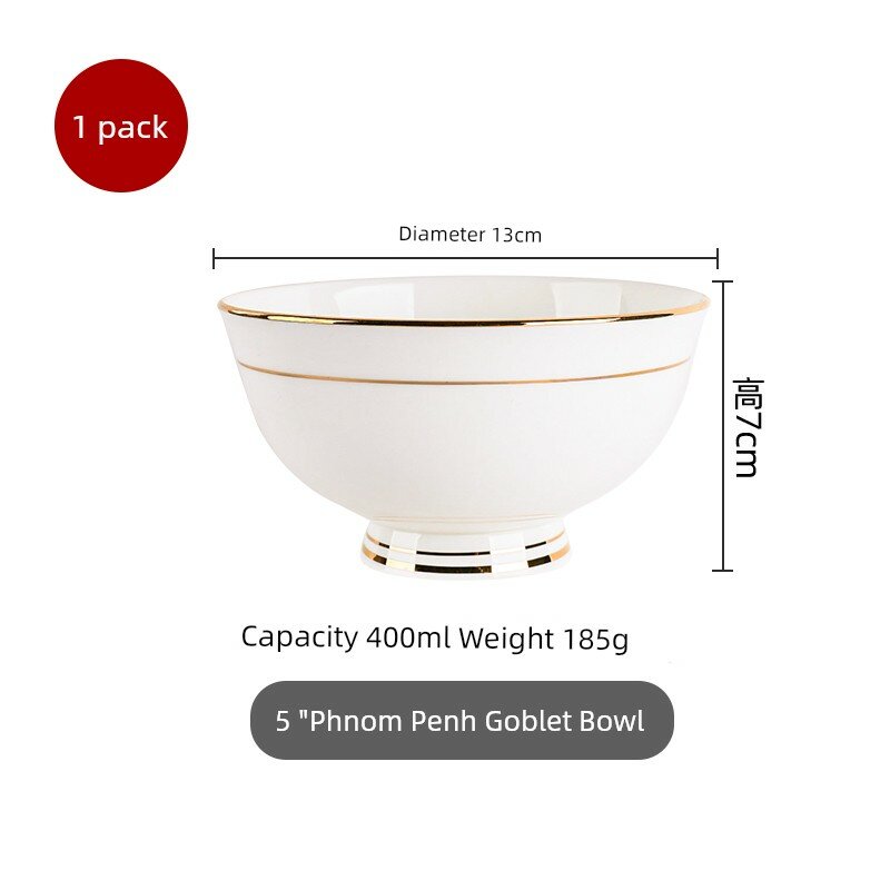 Набор посуды: высокая чаша для риса из костяного фарфора с золотым ободком, большая китайская чаша для лапши, маленькая