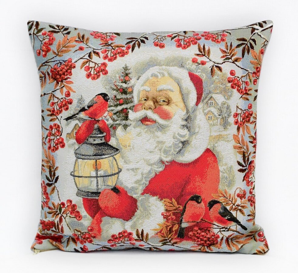 Декоративная гобеленовая наволочка "Ветка рябины Дед Мороз" 45х45 см MIDA VANERI