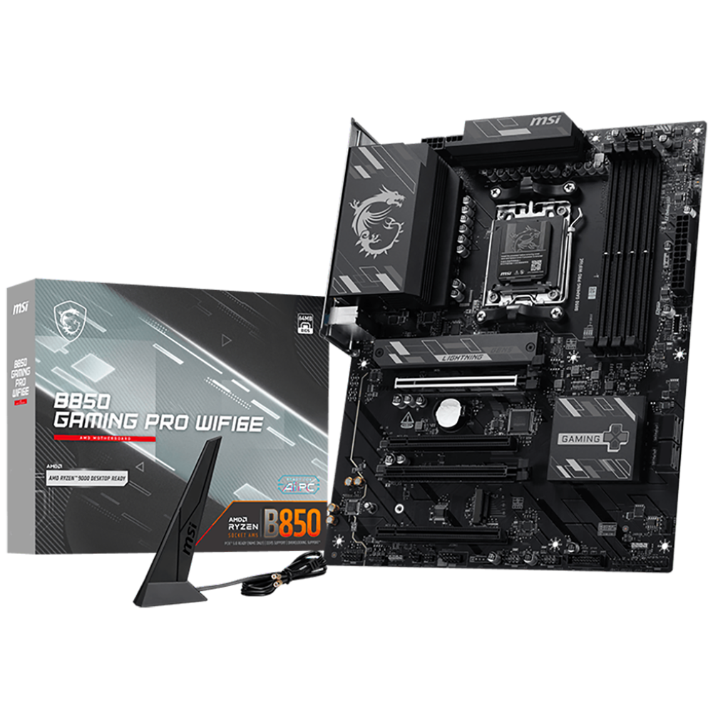Материнская плата MSI B850 GAMING PRO WIFI6E B850, AM5, 4*DDR5, 4*PCIEx16, 2*M.2, 2*TypeC, 3*USB3.2Gen2, 6*USB3.2Gen1, 4*USB2.0, 4*SATA3.0, 2.5G, DP, HDMI, ATX, RTL
