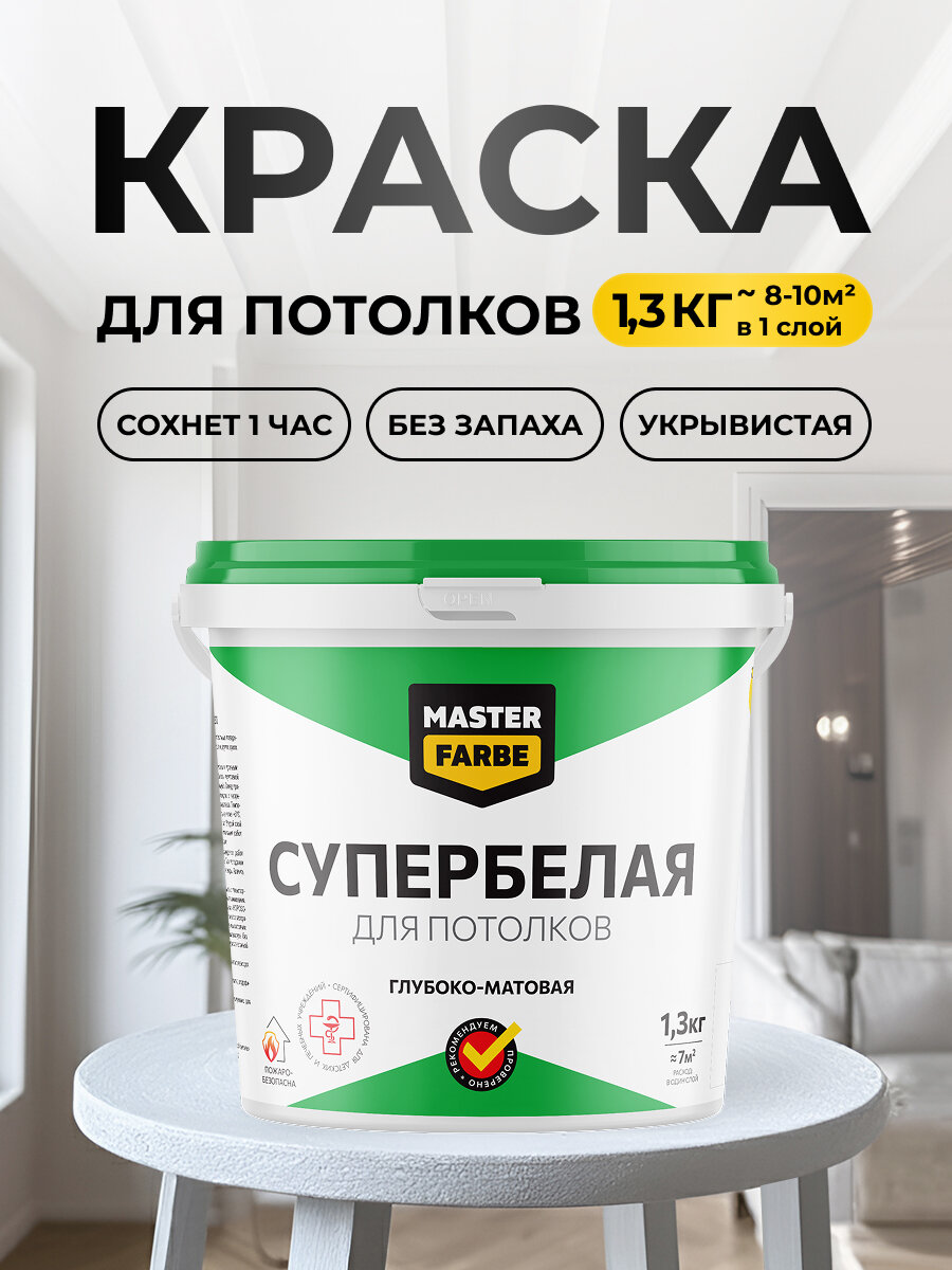 Краска супербелая глубокоматовая MASTERFARBE для потолков в сухих помещениях, быстросохнущая, 1,3 кг