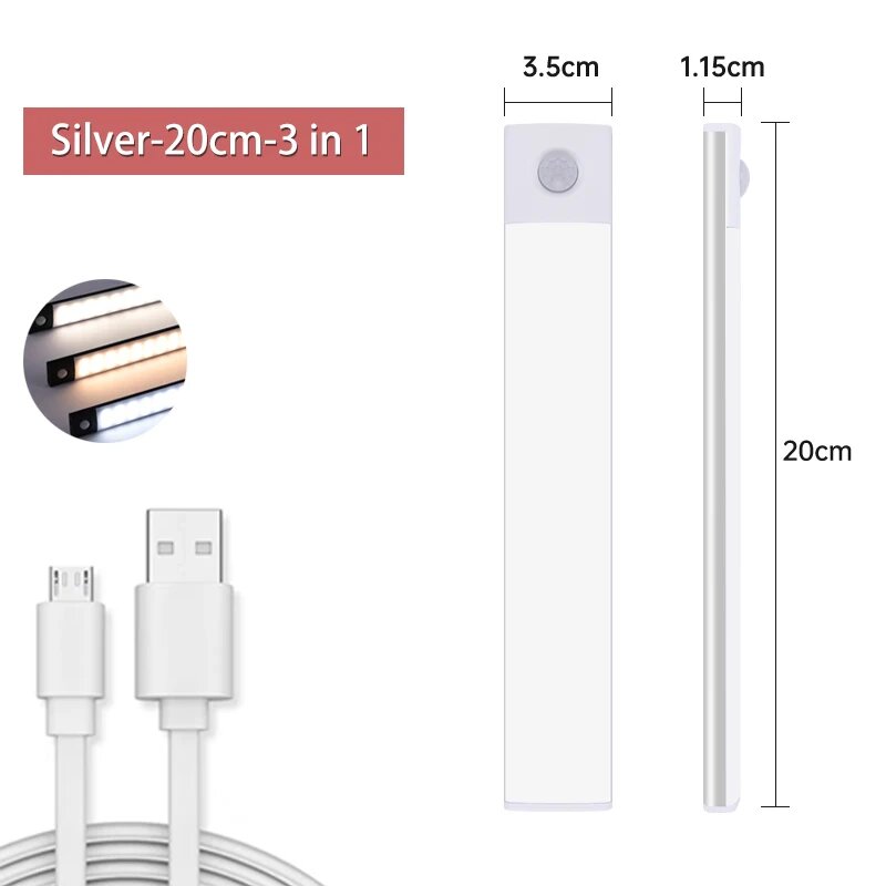 Светильник для шкафа VENUSWING USB, 3 цвета, 10/20/30/40/60 см Silver-20cm-3 in 1