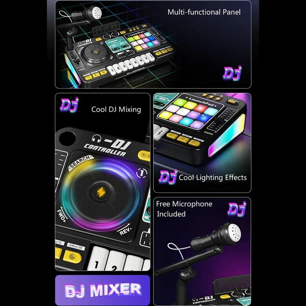 Детский DJ-контроллер, с микрофоном, высокочувствительный, 12 световых эффектов, для развития детей — фото 1