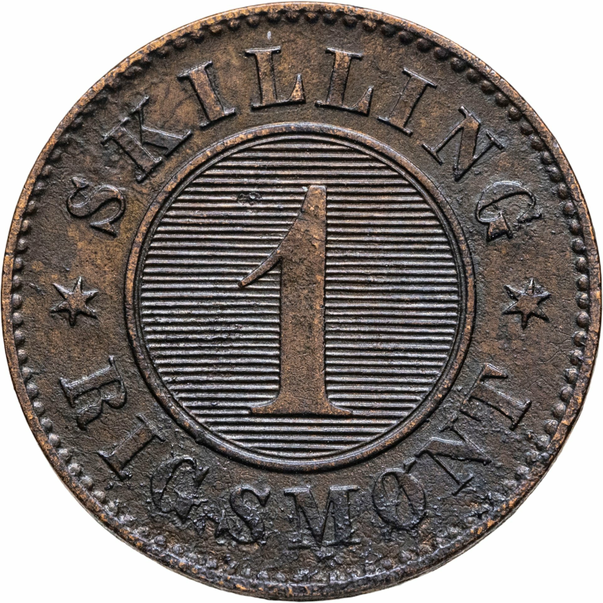 Дания 1 скиллинг ригсмонт 1860, Бронза, в сохранности XF