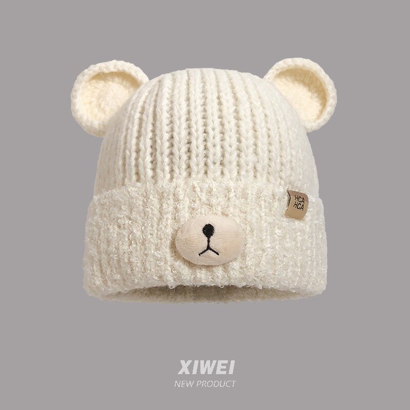 Осенне-зимняя тонкая и теплая шерстяная шапка с милыми медвежьими ушками для женщин, утолщенная защита ушей с завивками, шапка Lei Feng, вязаная шапка