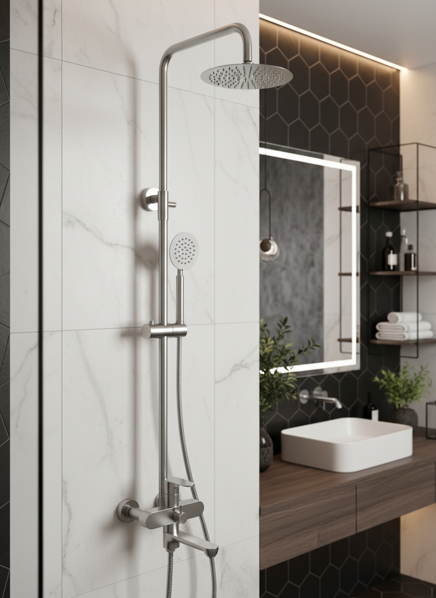 Душевая система со смесителем нержавеющая сталь, сатин. Тропический душ