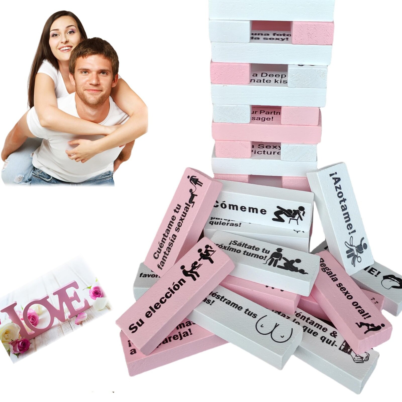 48PCS Super Naughty Block Tower Game, Игры для пар взрослых, Valentine Tumbling Tower Stacking Blocks Game с вопросами Truth or Dare и вызовами, Игра для вечеринок взрослых, Подарок, Материал Дерево, Вес 400г, Размер упаковки 20 x 17 x 7 см, Содержимое