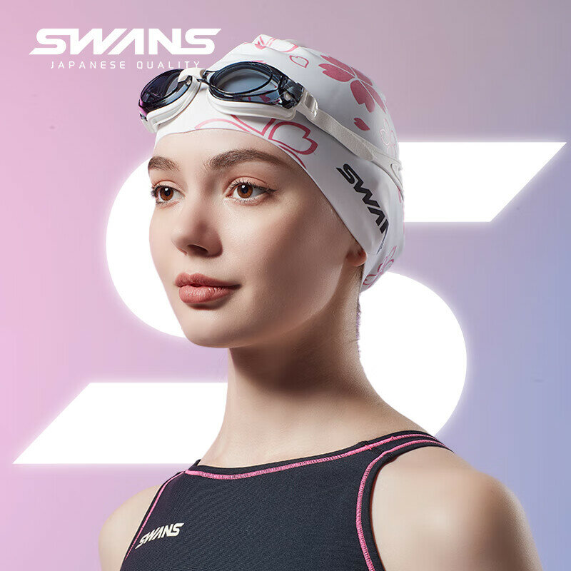 SWANS Swimming Goggles for Women, Imported Waterproof Anti-Fog High-Definition Swim Cap Set, Myopia Swimming Glasses, Diving Equipment, Cherry Blossom 600°