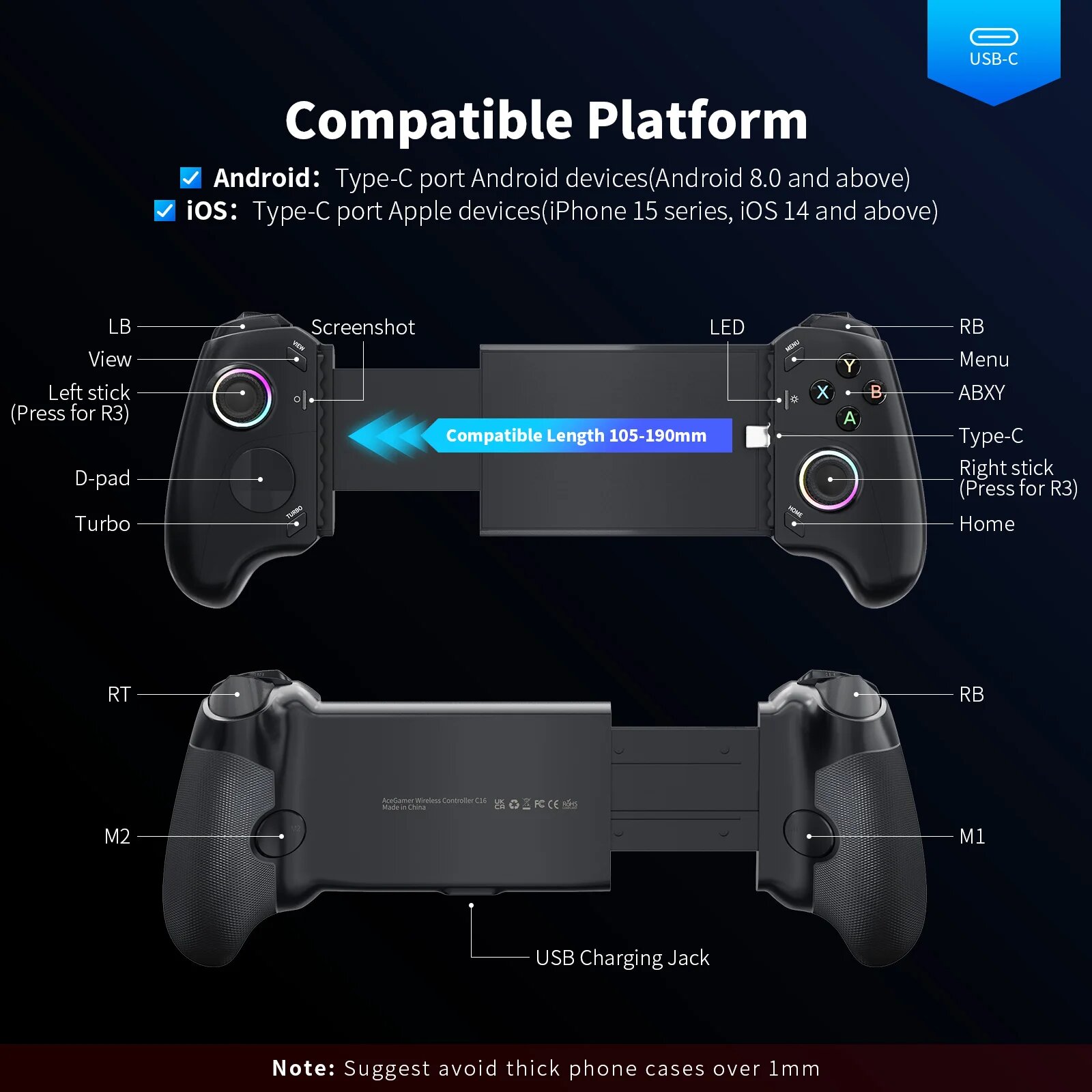AceGamer Mobile Gaming Controller Type-C для iPhone 15 Series/Android — фото 1