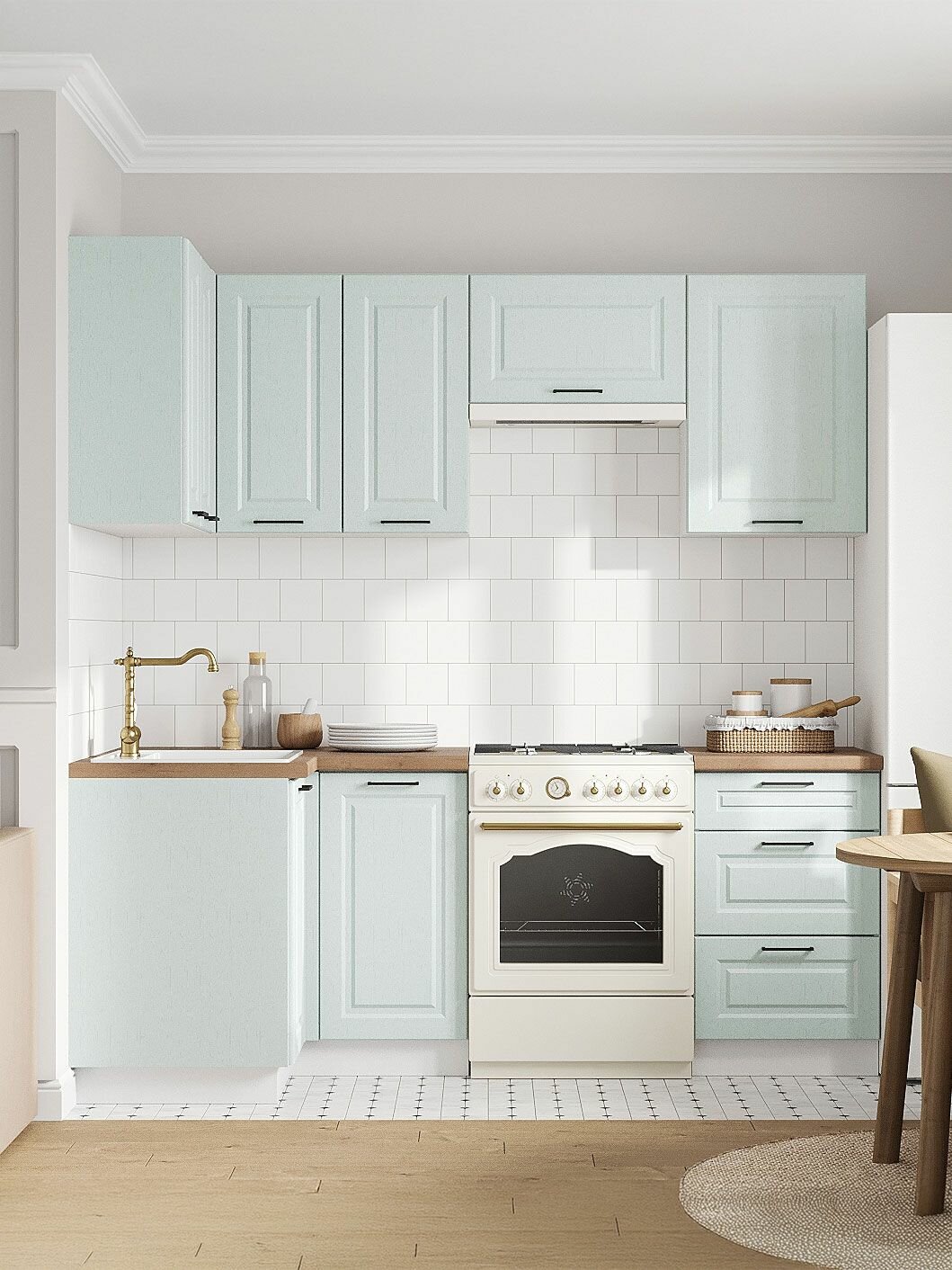 Кухонный гарнитур угловой Шервуд 2.1х1 м, мебель для дома и кухни, Белый / Деним голубой