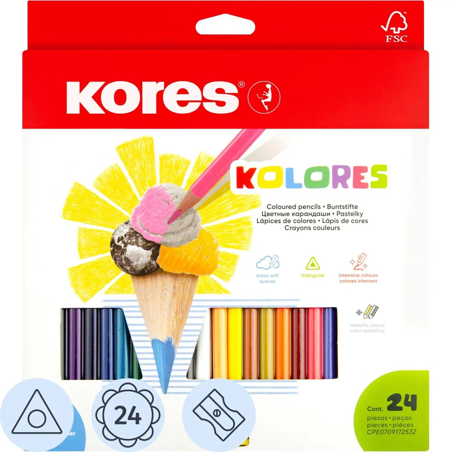 Карандаши цветные 24цв 3-гран, точилка Kores 93324.01